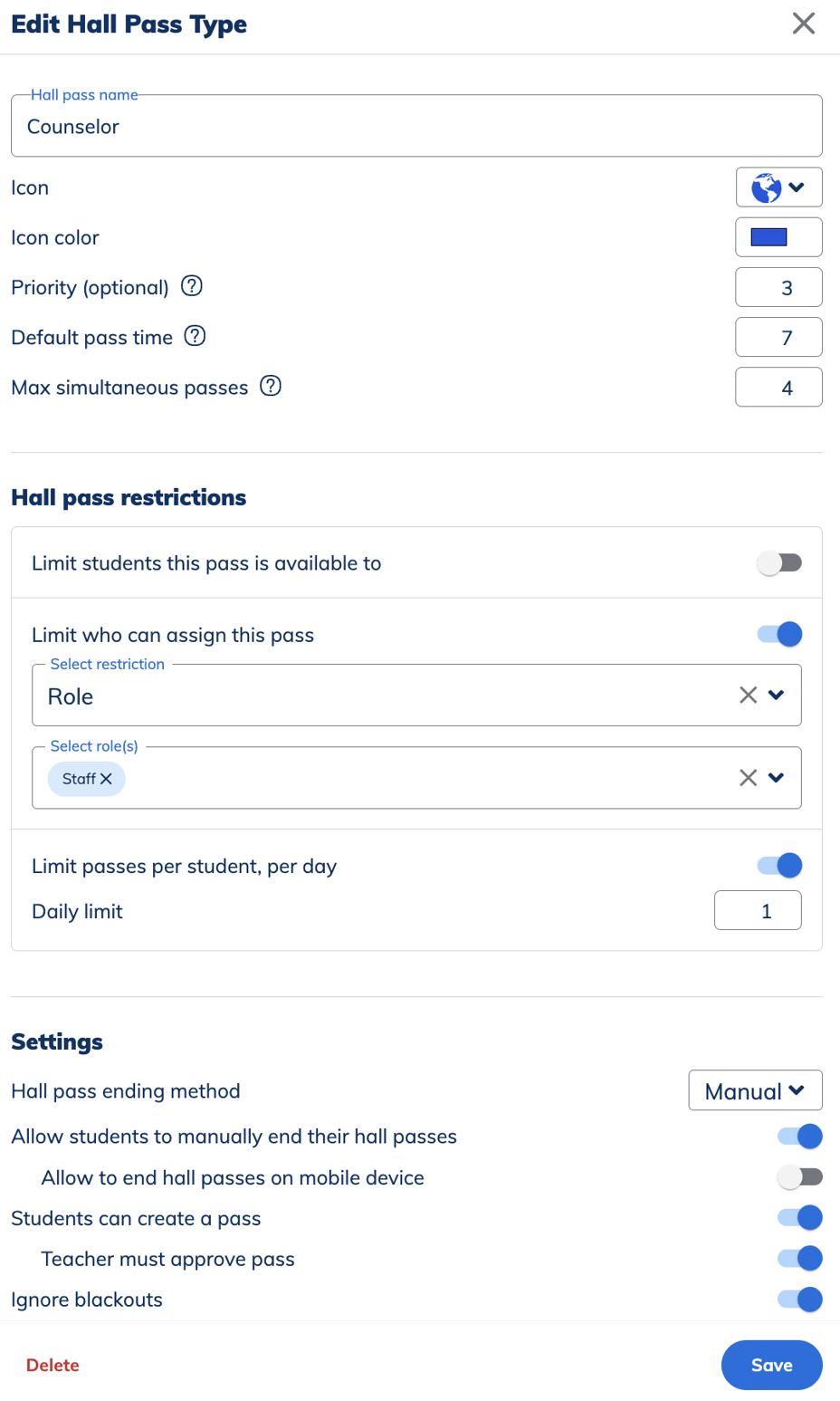 Creating Hall Pass Types that Require Teacher Approval